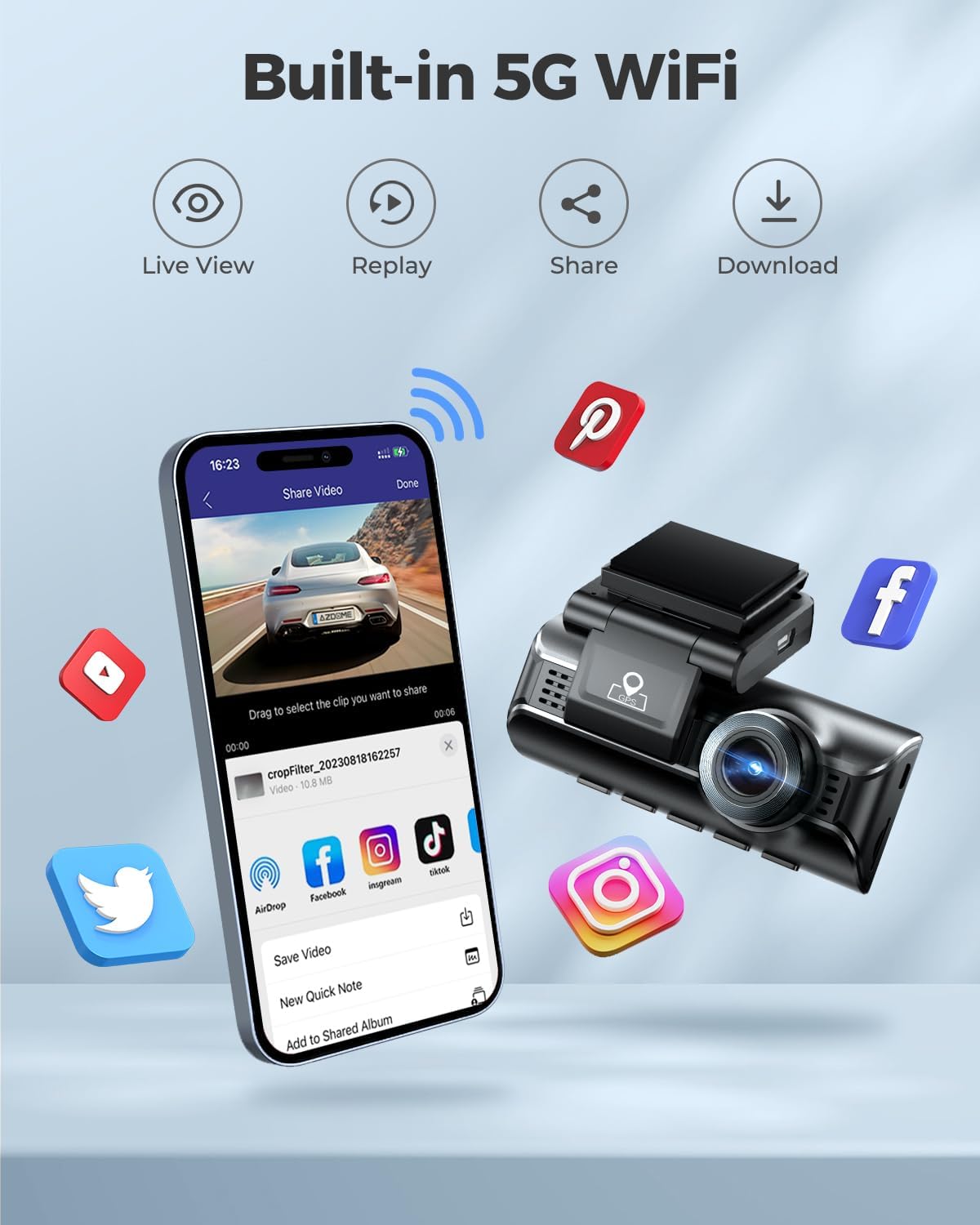 AZDOME M550 Pro 5G WiFi 3 Channel 4K Dash Cam for Car Dash Camera Fron